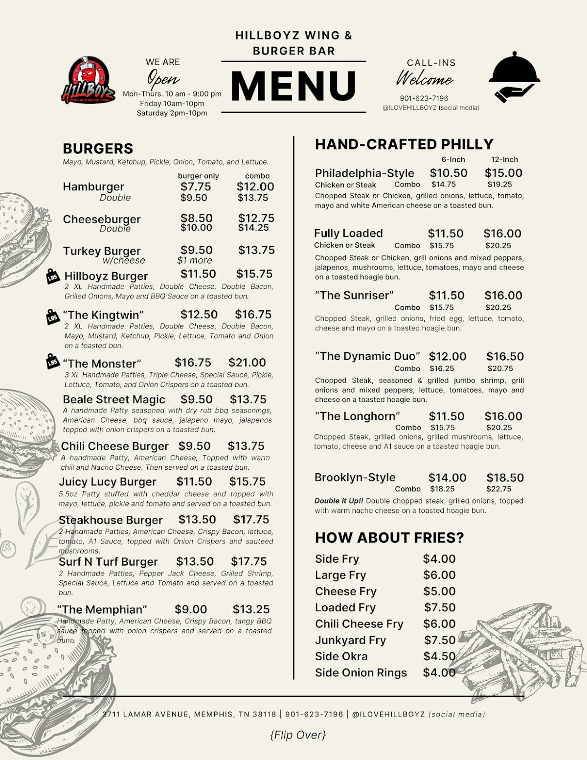 Menu at Hillboyz Wing and Burger Bar, Memphis