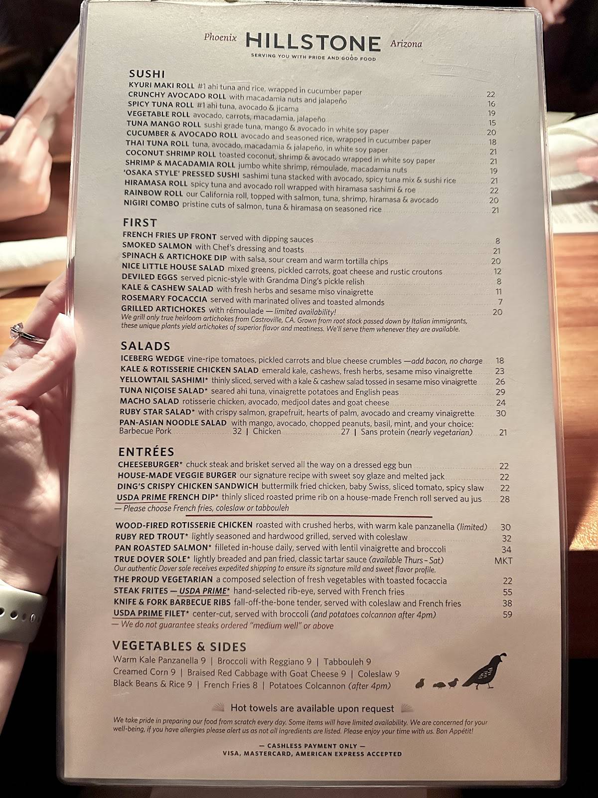 Menu at Hillstone Restaurant, Phoenix, E Camelback Rd