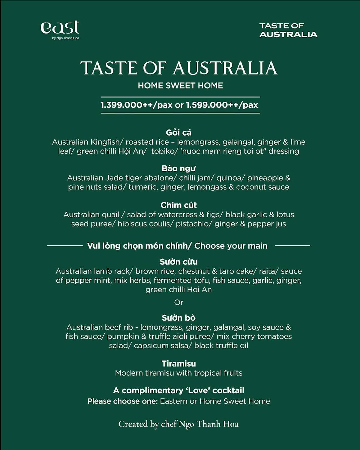 Menu at East Restaurant by Ngo Thanh Hoa, Ho Chi Minh City