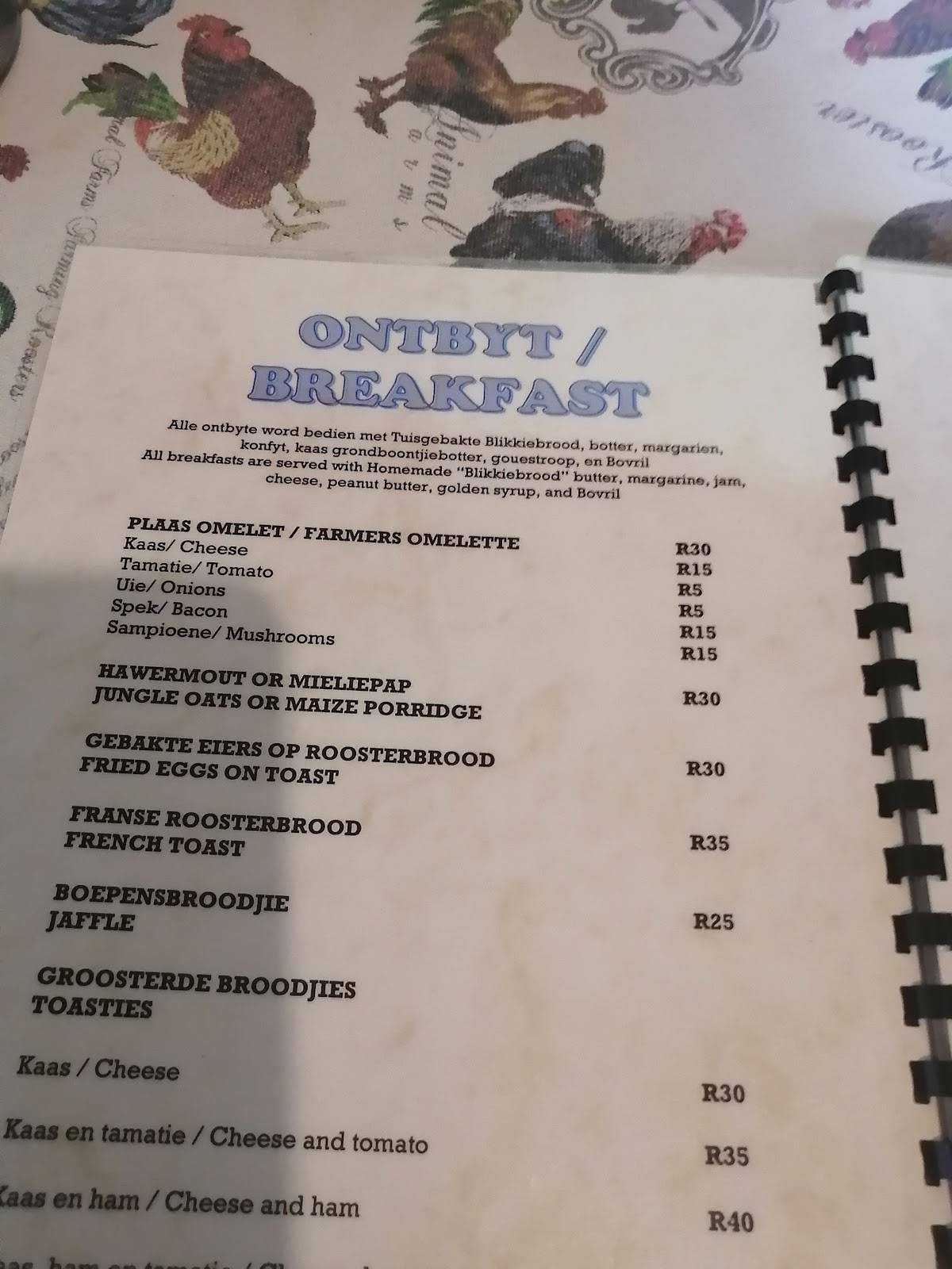 Menu at Hokaai Boerekos restaurant, South Africa