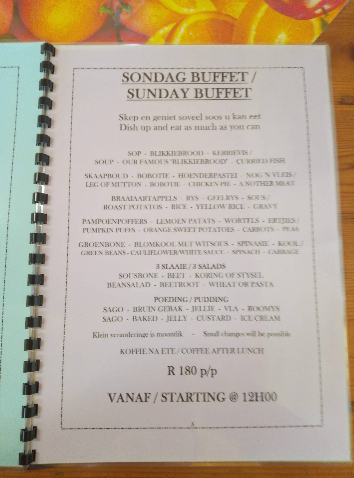 Menu at Hokaai Boerekos restaurant, South Africa
