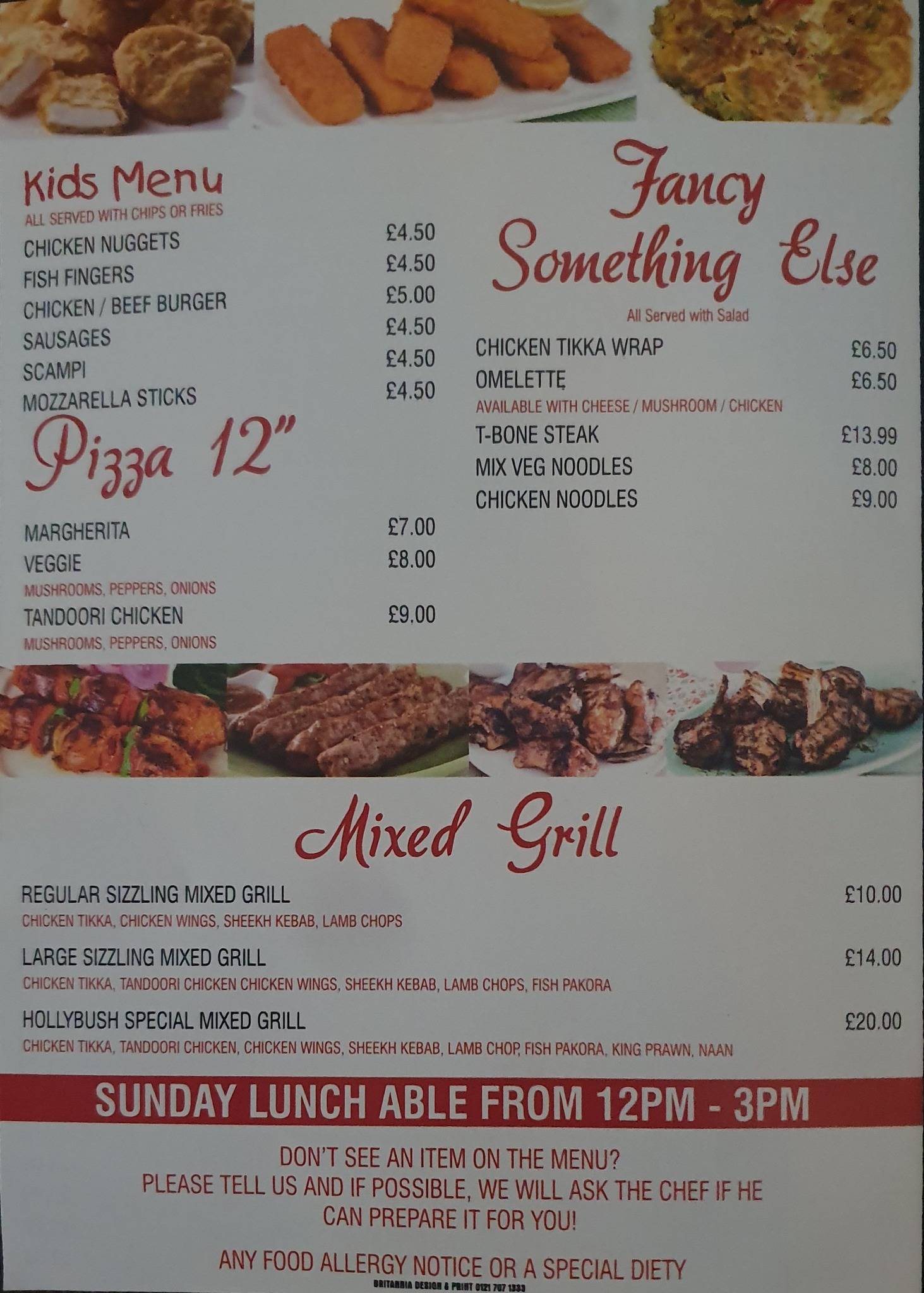 Menu at Hollybush pub & bar, Coventry, 270 Holbrook Ln