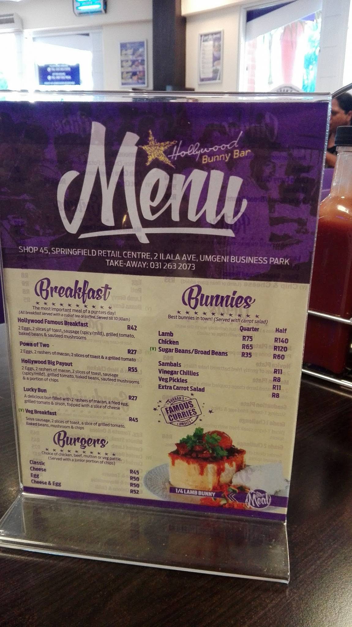 Menu at Hollywood Bunny Bar, Springfield Park, Durban