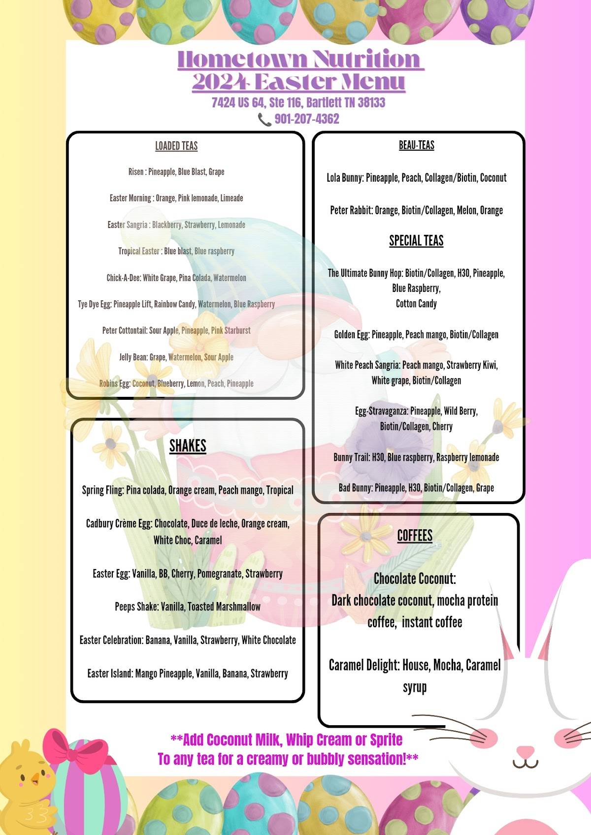 Menu at Hometown Nutrition pub & bar, Bartlett