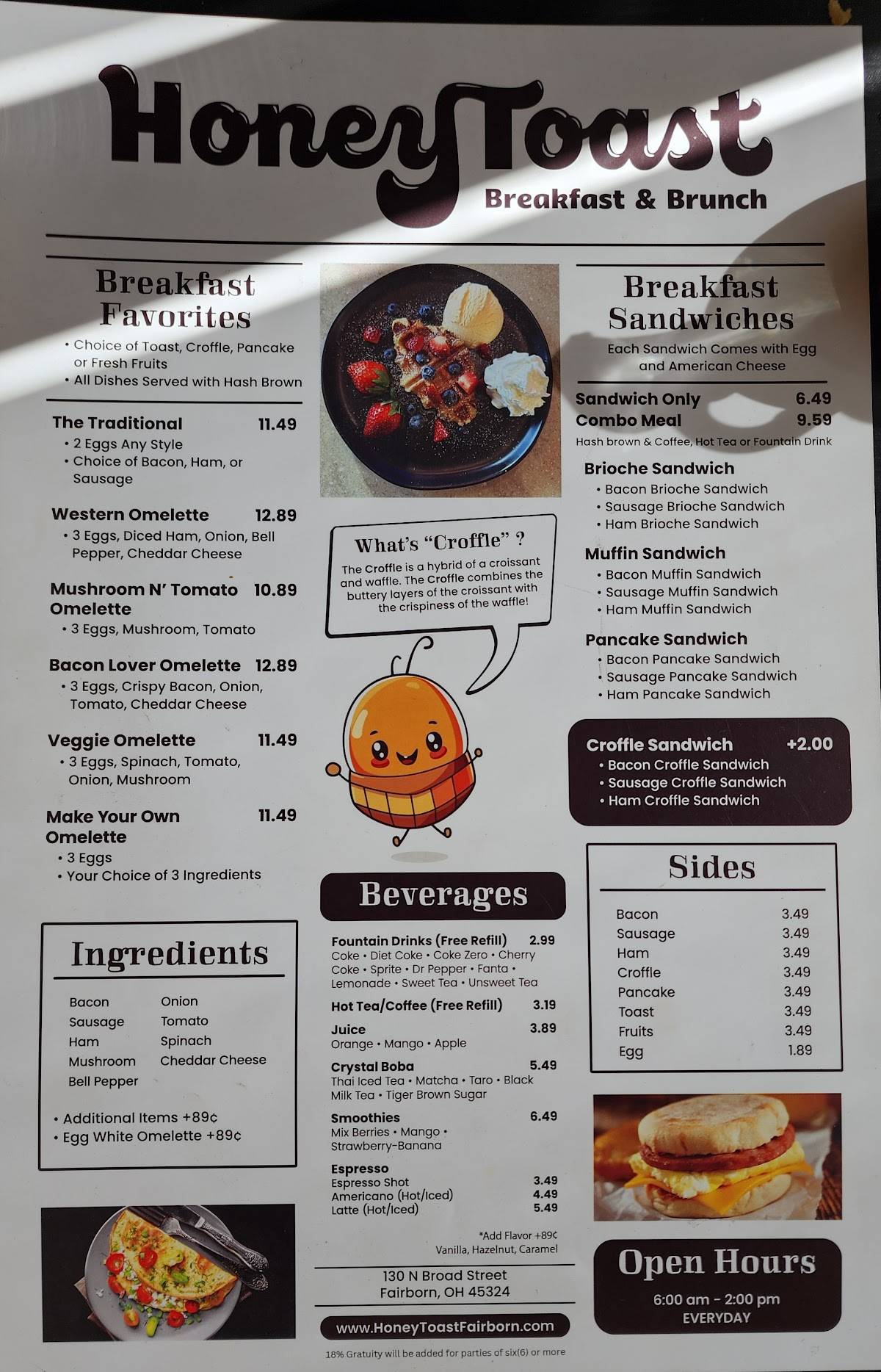 Menu at Honey Toast Breakfast & Brunch restaurant, Fairborn