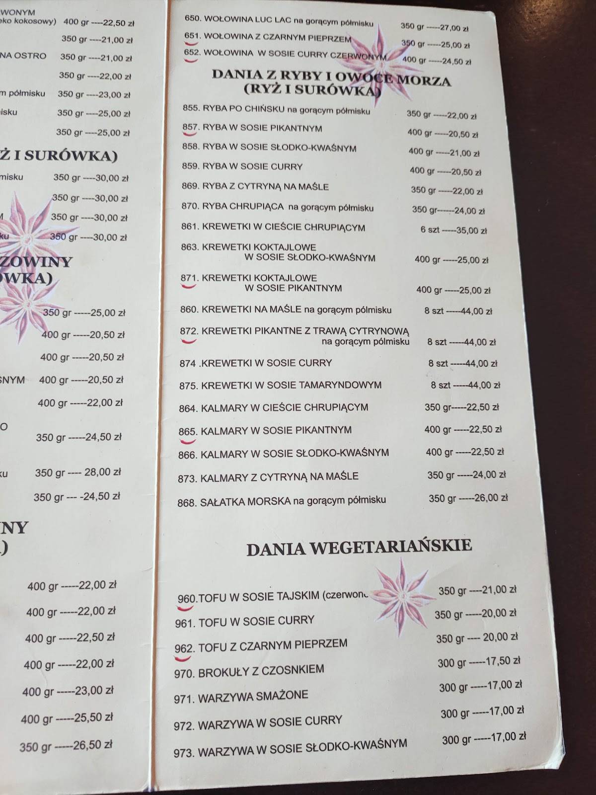 Menu at Hong Ha restaurant, Kraków, Malborska 34