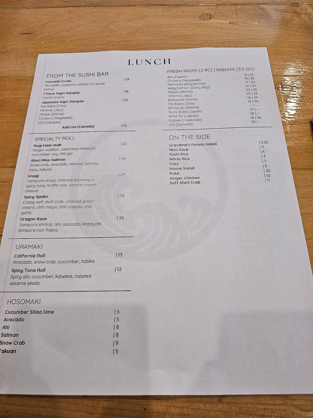 Menu at Nami Kaze Hawaii restaurant, Honolulu
