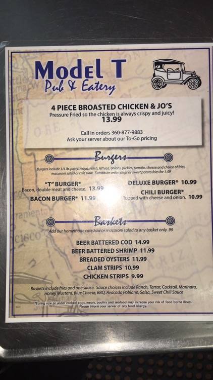 Menu at Model T Pub & Eatery, Hoodsport