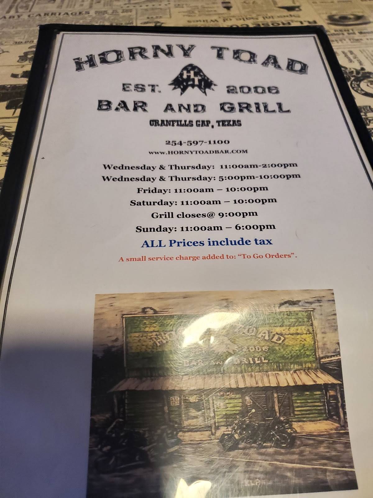 Menu at Horny Toad Bar & Grill, Cranfills Gap