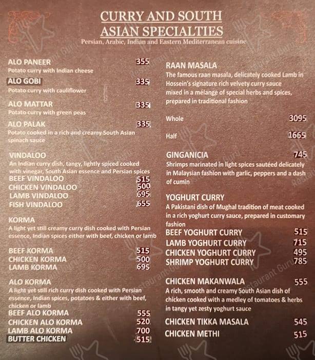 Menu at Hossein's Persian Kebab restaurant, Makati, LKV Building
