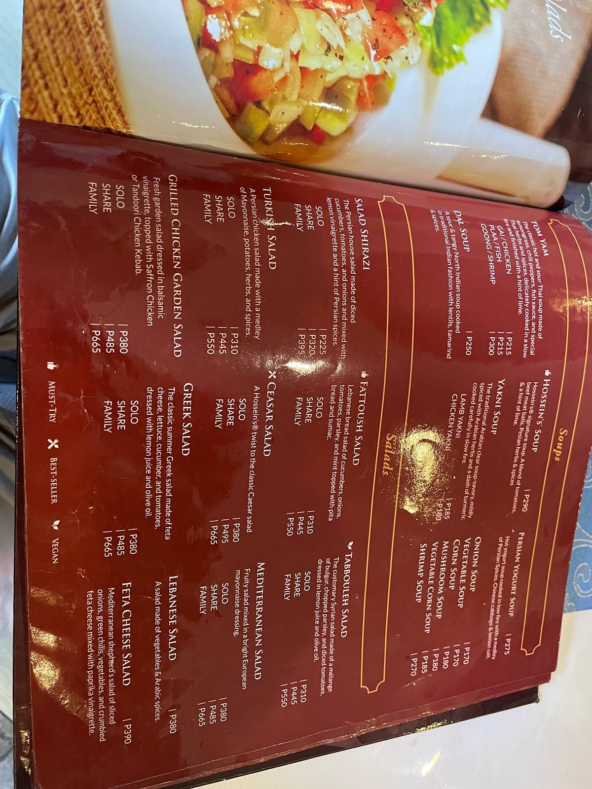 Menu at Hossein's Persian Kebab restaurant, Makati, LKV Building