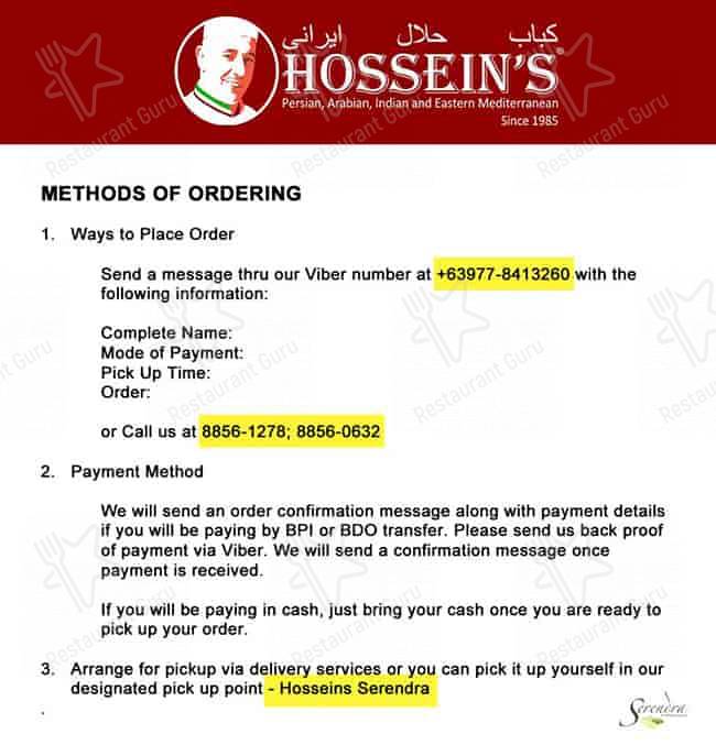 Menu at Hossein's Persian Kebab restaurant, Makati, LKV Building