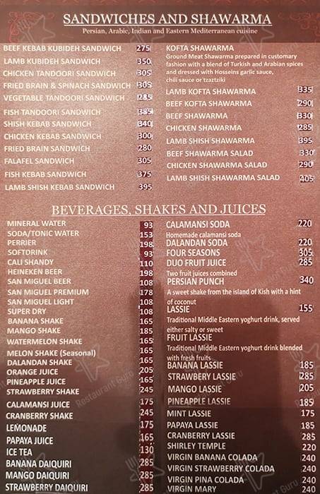 Menu at Hossein's Persian Kebab restaurant, Makati, LKV Building