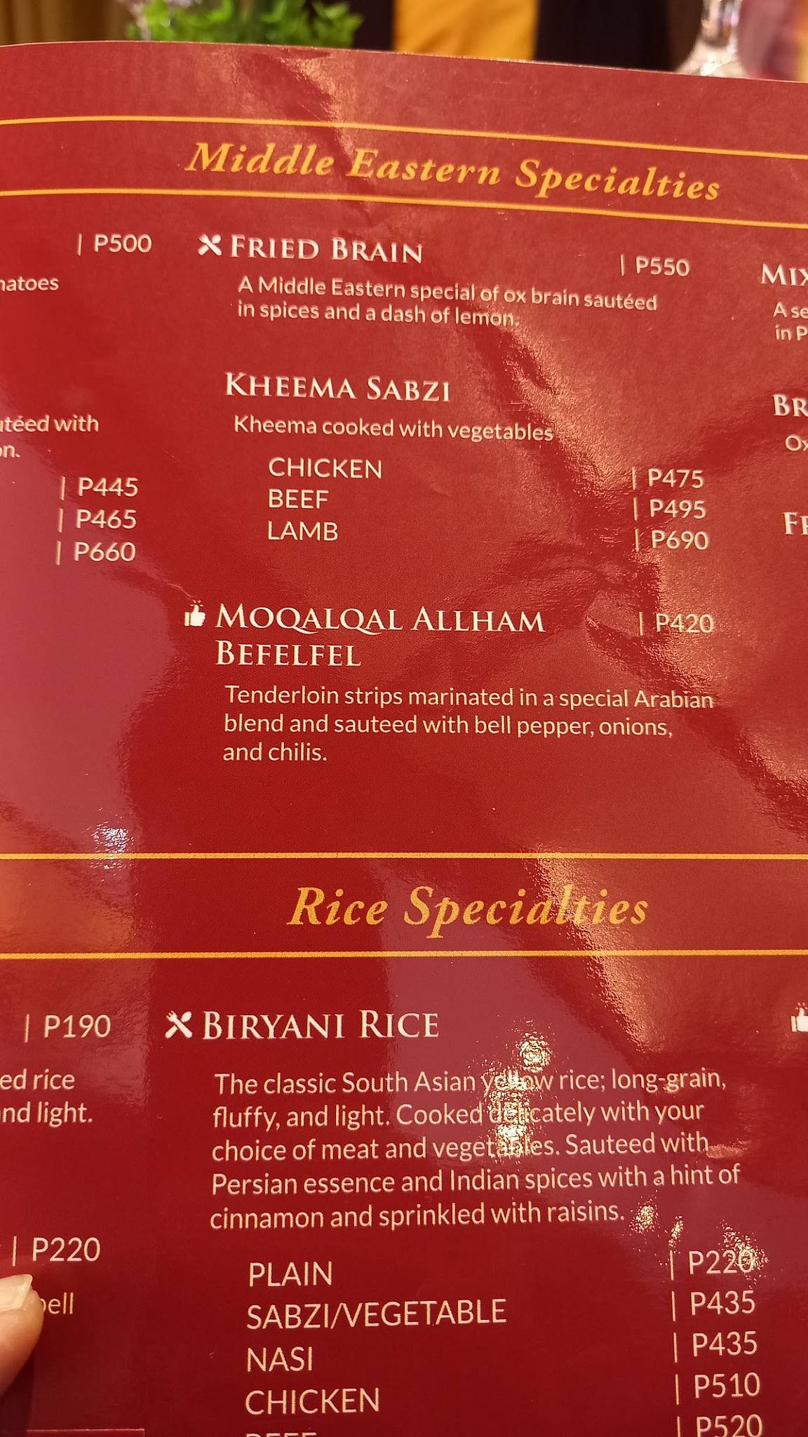 Menu at Hossein's Persian Kebab restaurant, Makati, LKV Building