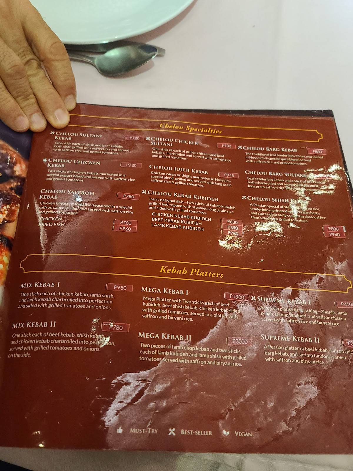 Menu at Hossein's Persian Kebab restaurant, Makati, LKV Building
