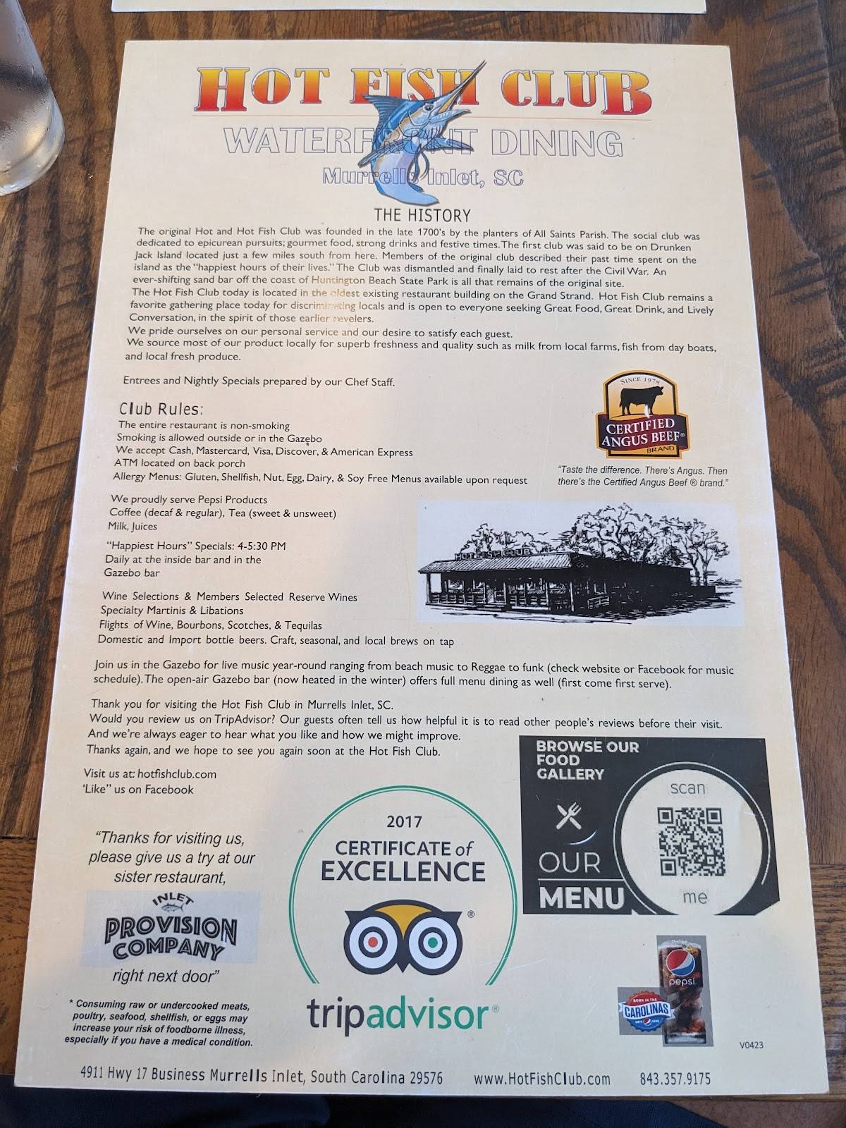 Menu at Hot Fish Club, Murrells Inlet