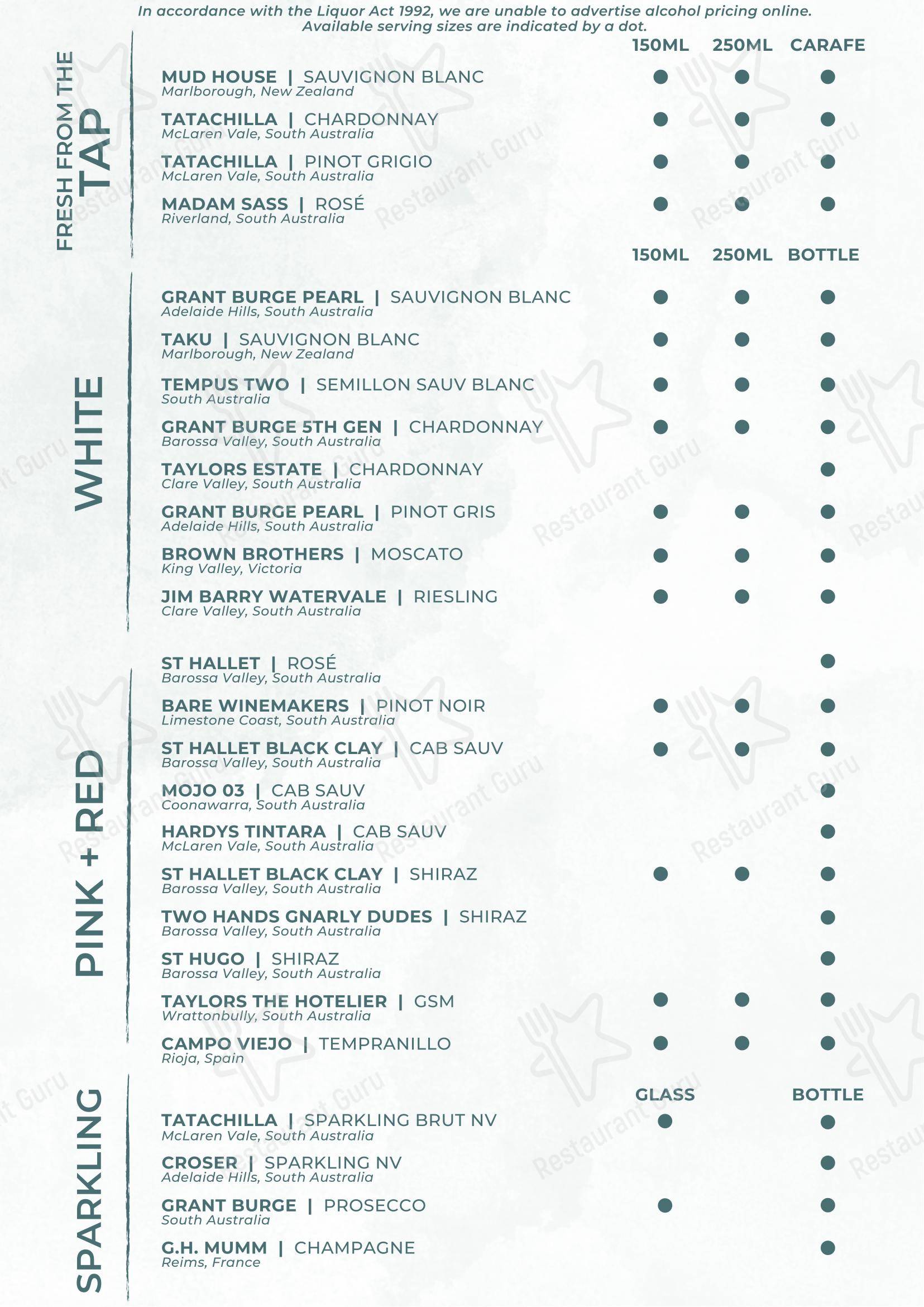 Menu at Hotel West End pub & bar, South Brisbane
