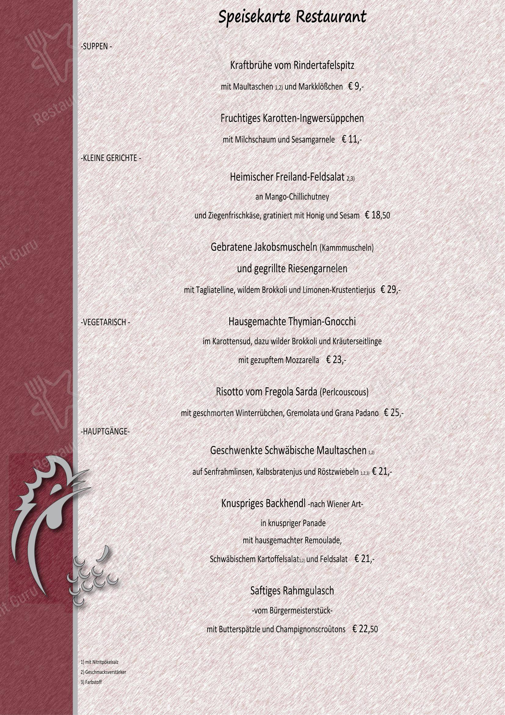 Speisekarte von Hotel Wo der Hahn kräht restaurant, Flein