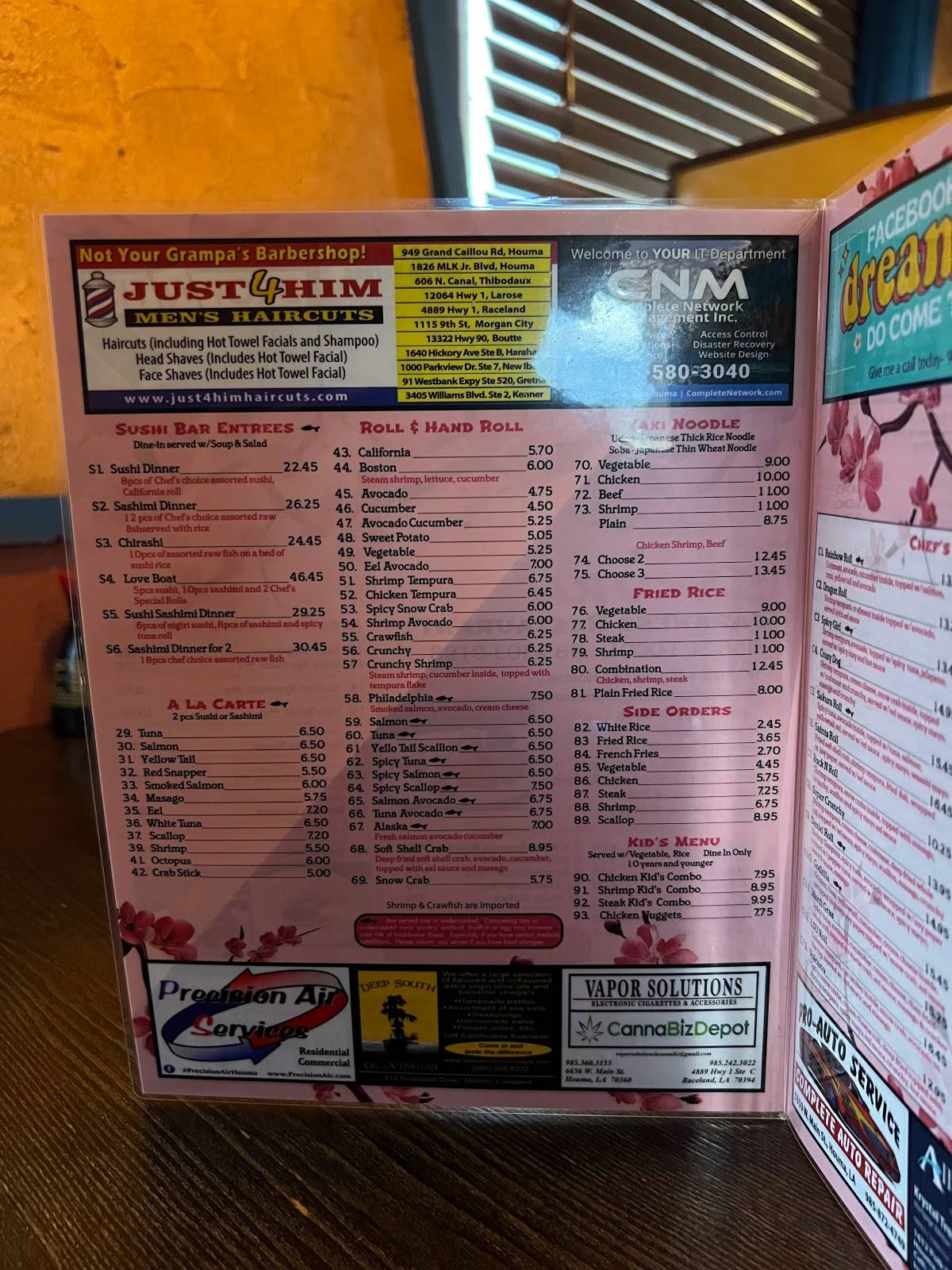 Menu at Sakura restaurant, Houma