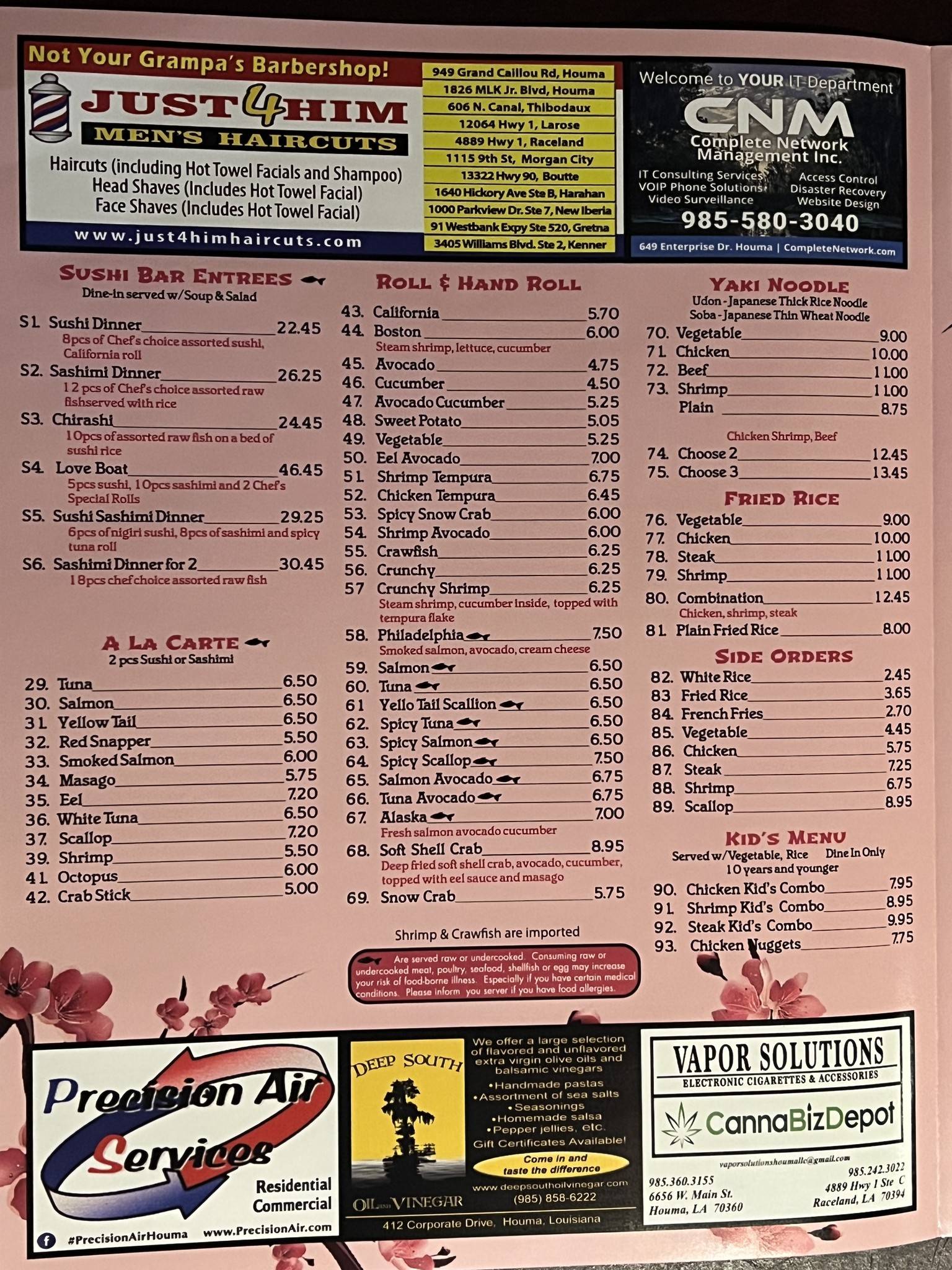 Menu at Sakura restaurant, Houma