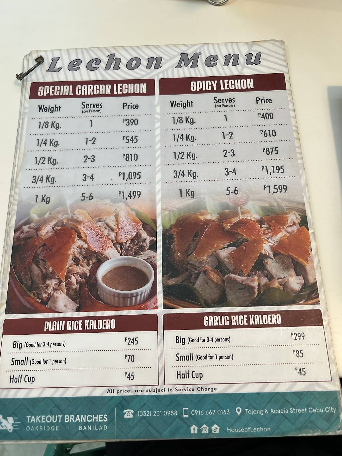 Menu at House of Lechon restaurant, Cebu City, Acacia St