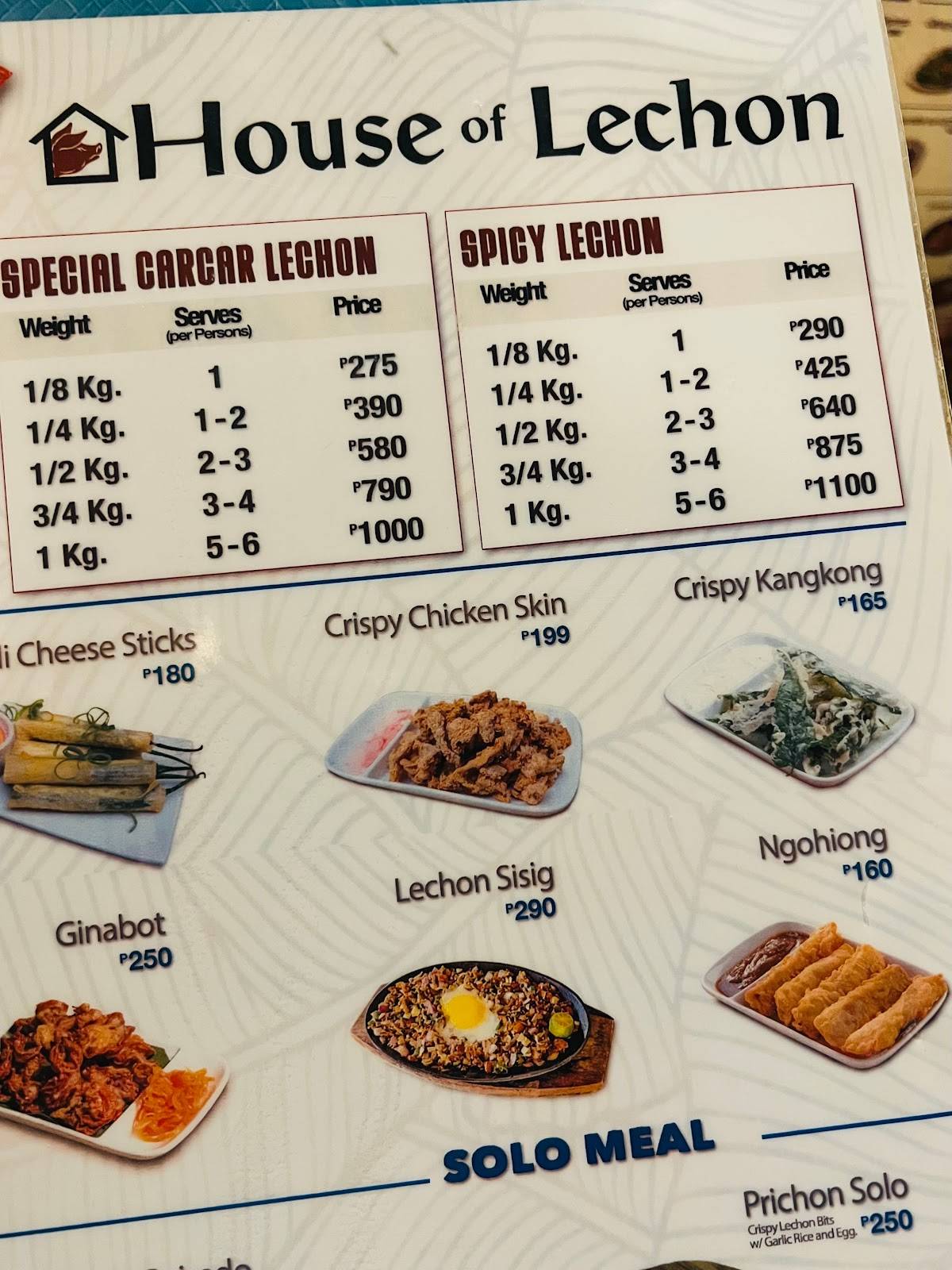 Menu at House of Lechon restaurant, Cebu City, Acacia St