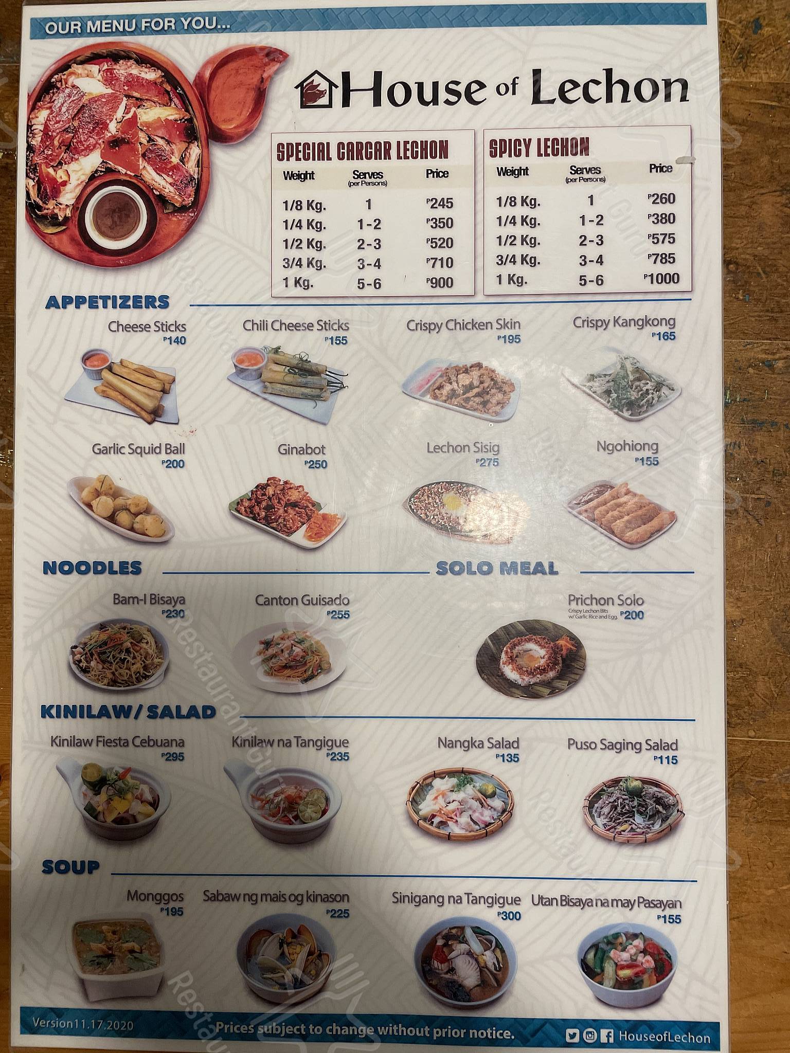 Menu at House of Lechon restaurant, Cebu City, Acacia St