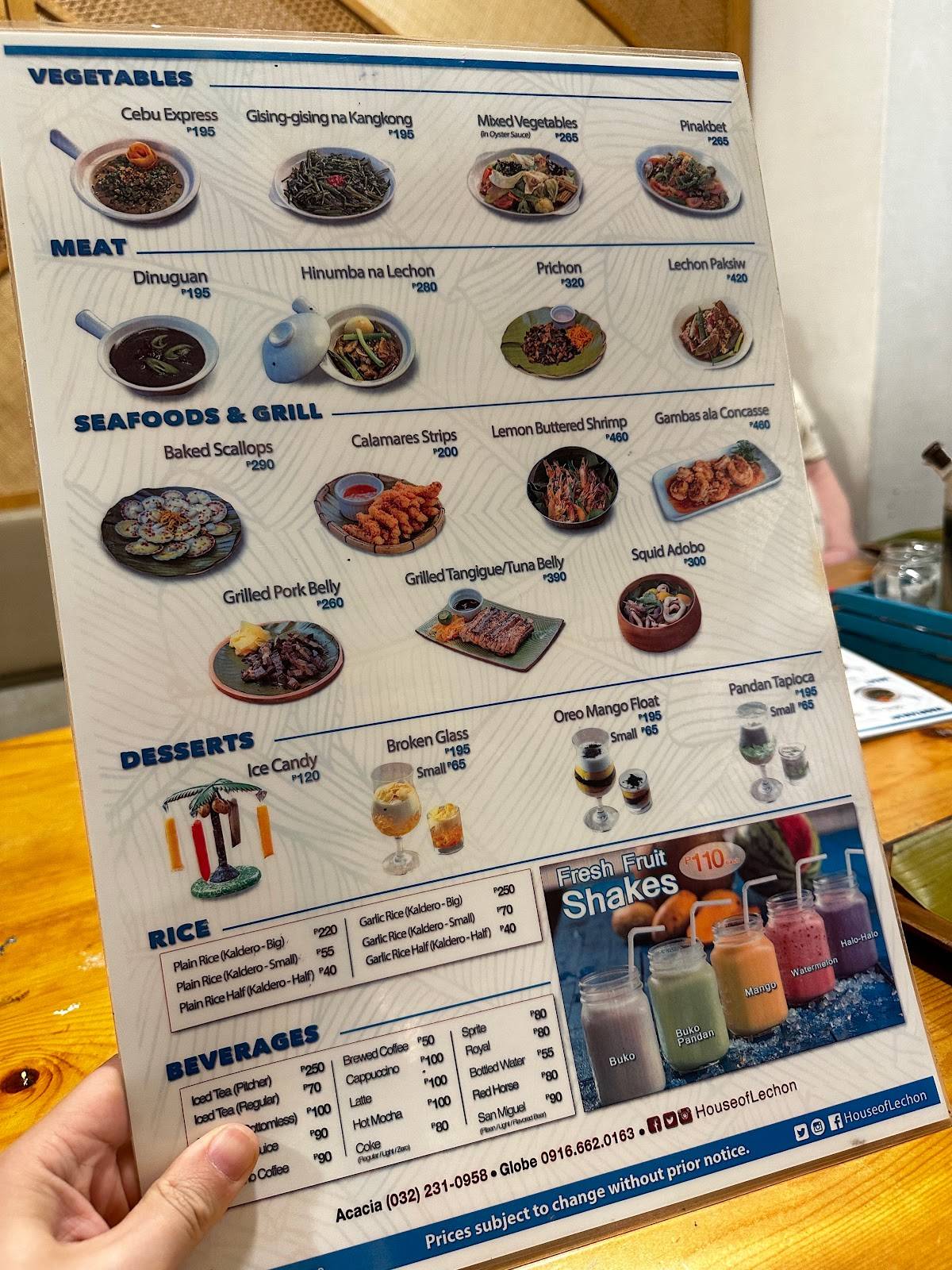 Menu at House of Lechon restaurant, Cebu City, Acacia St