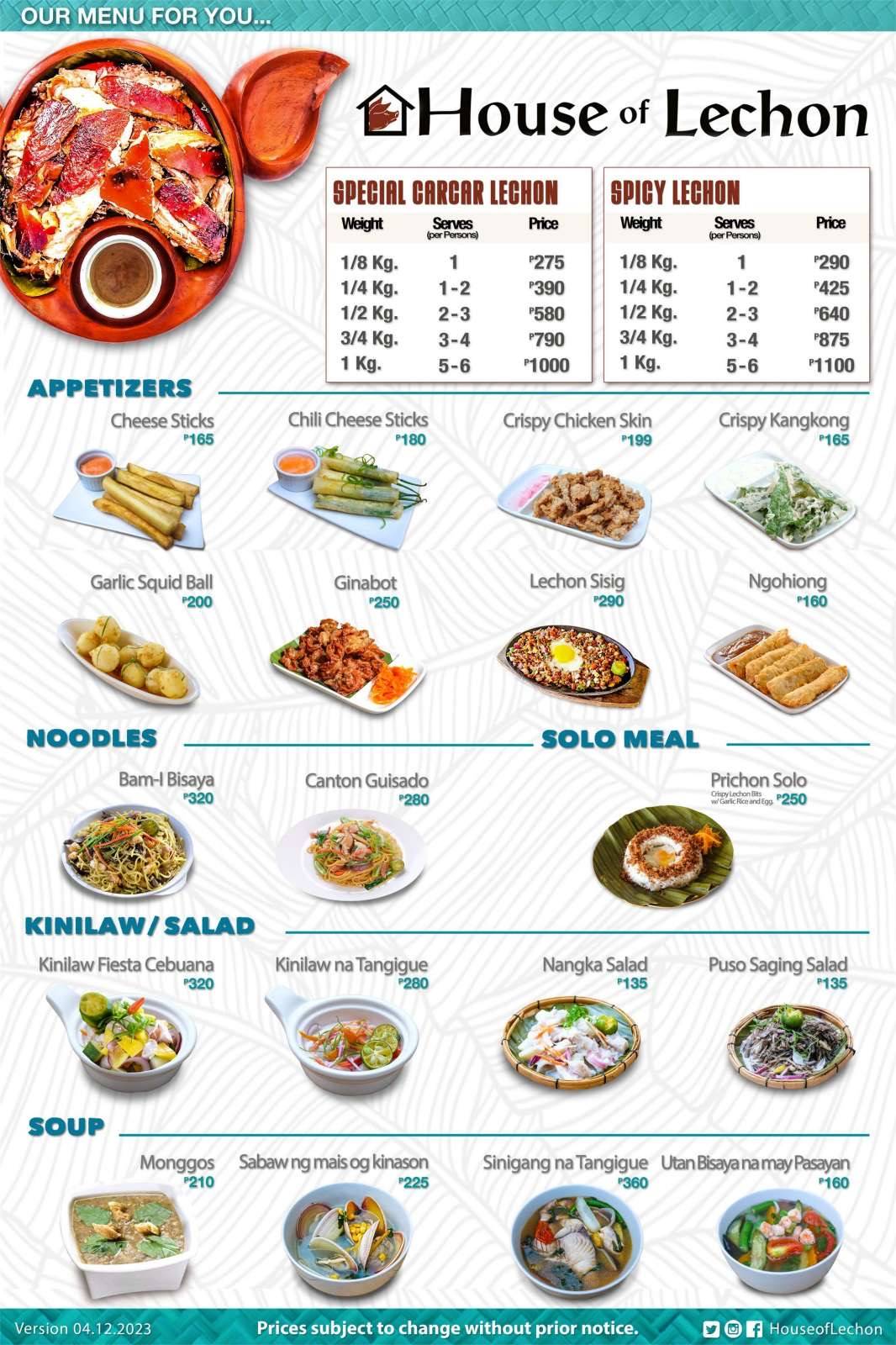 Menu at House of Lechon restaurant, Cebu City, Acacia St