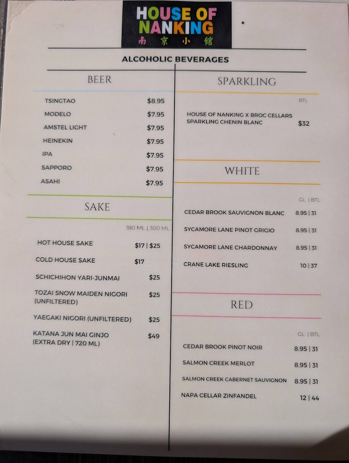 Menu at House of Nanking restaurant, San Francisco, 919 Kearny St
