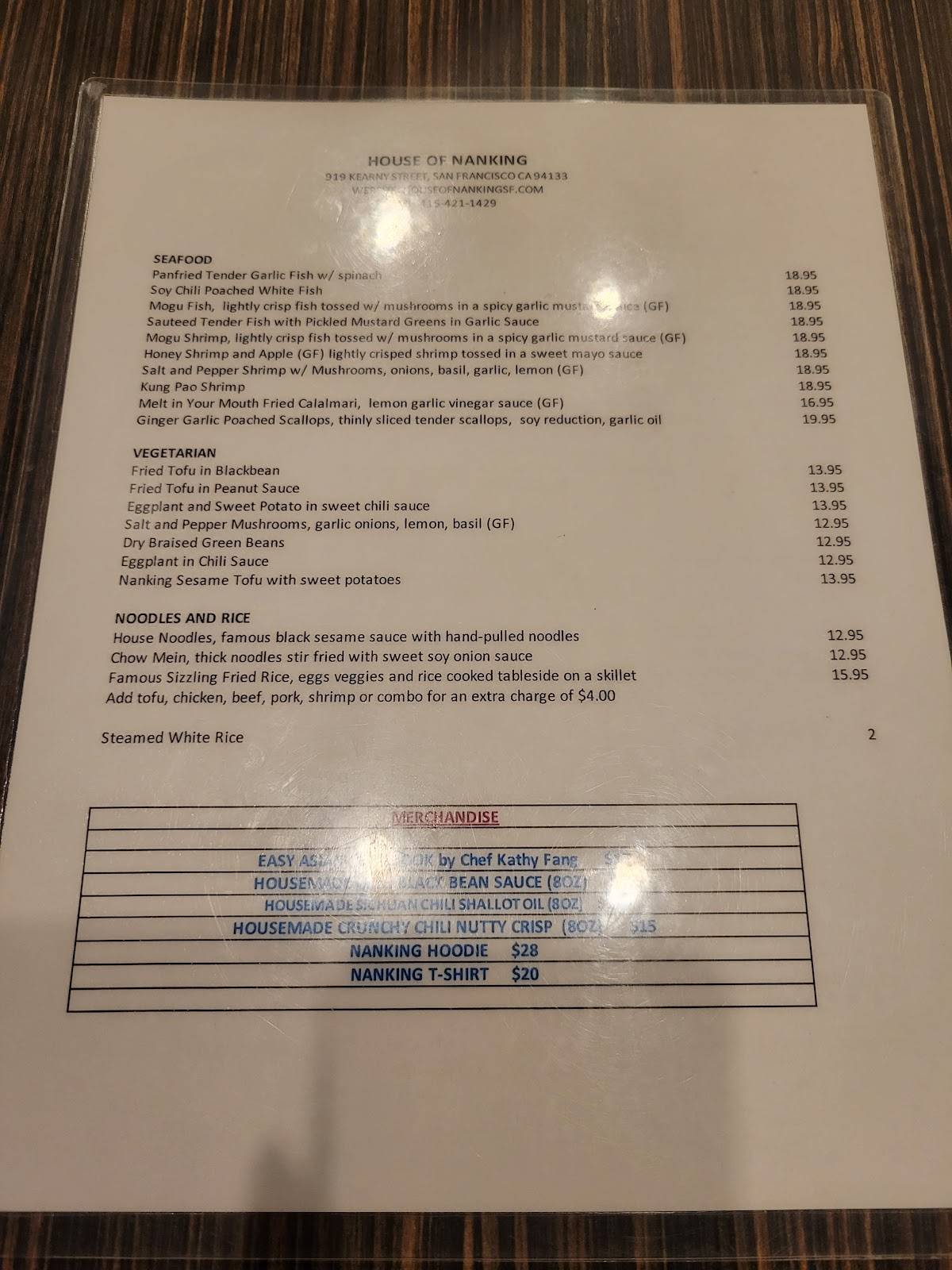 Menu at House of Nanking restaurant, San Francisco
