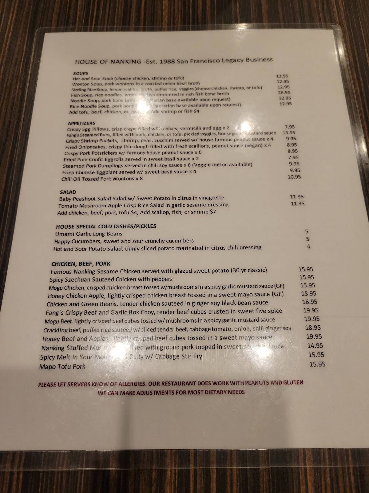 Menu at House of Nanking restaurant, San Francisco