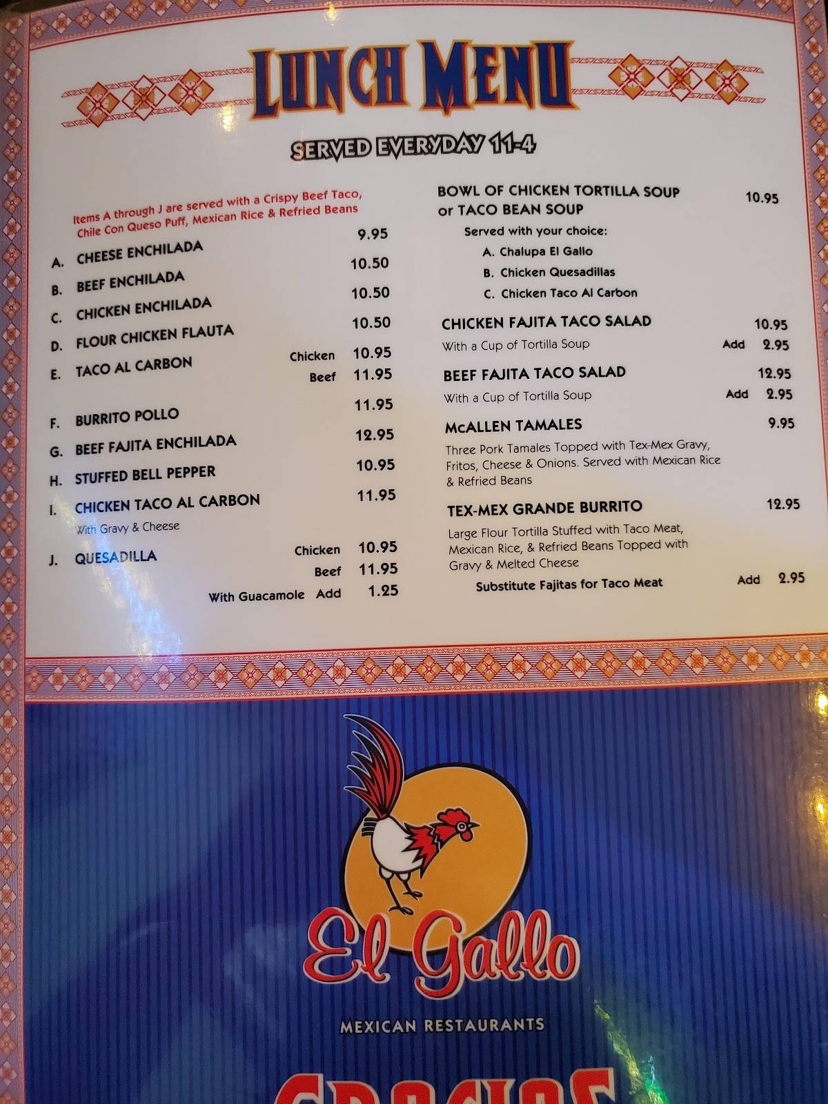 Menu at El Gallo restaurant, Houston, Gessner Rd