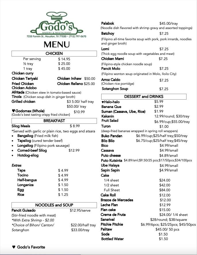 Menu at Godo's restaurant, Houston