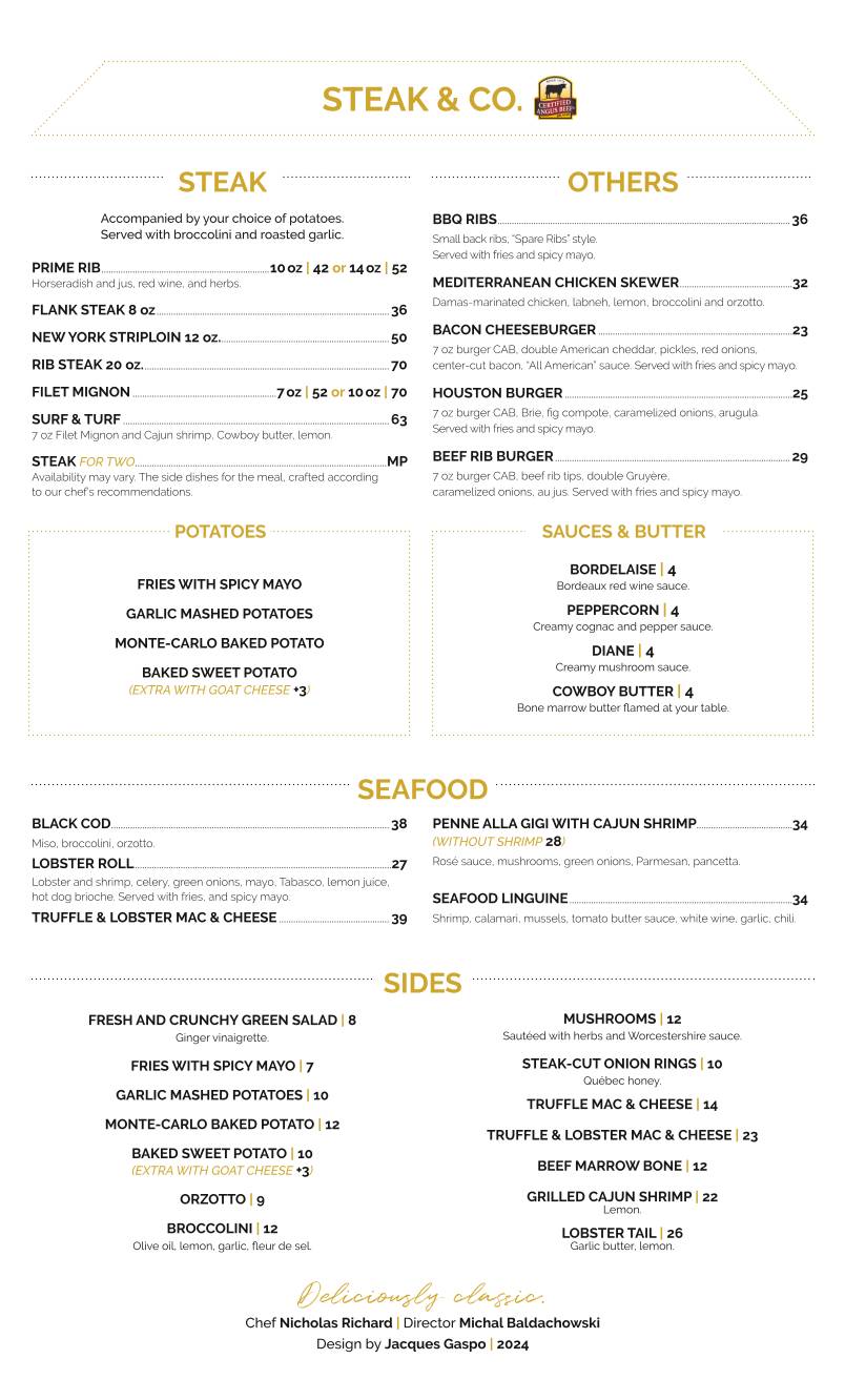 Menu au Houston Steak & Fruits De Mer BBQ, Laval, Av. Pierre-Péladeau