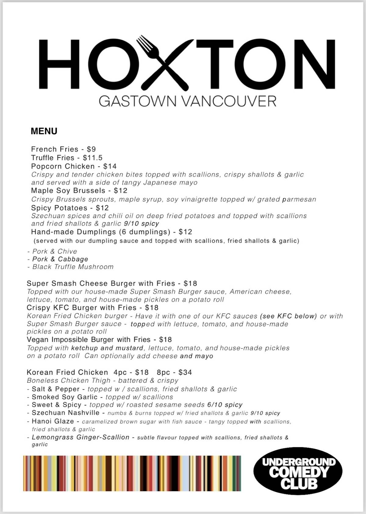 Menu at Hoxton restaurant, Vancouver
