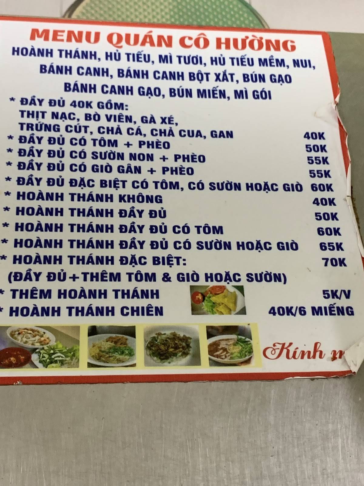 Menu at Hủ Tiếu Cô Hường restaurant, Ho Chi Minh City, 28 Tôn Đản