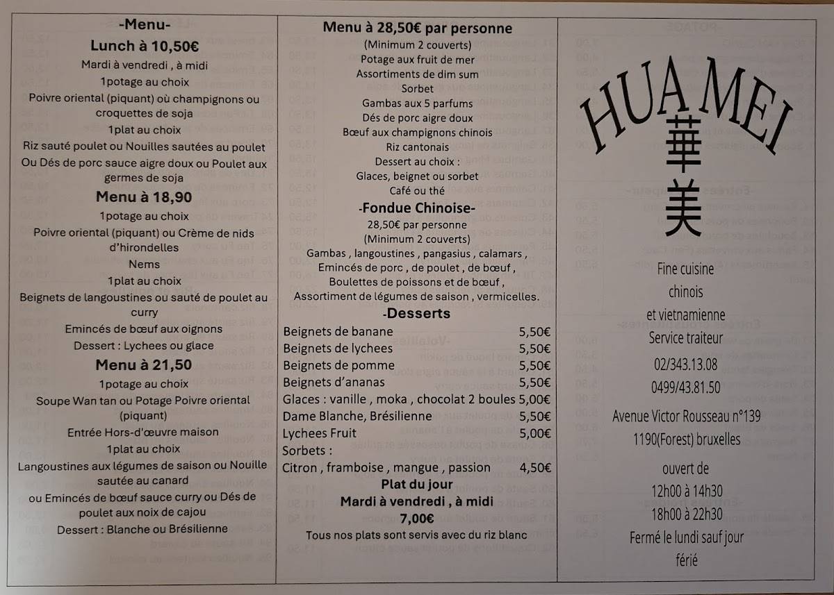 Menu au Hua Mei restaurant, Forest