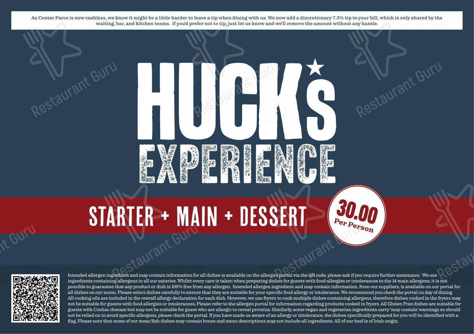 Menu at Huck's American Bar and Grill, Ireland, Center Parcs Longford ...