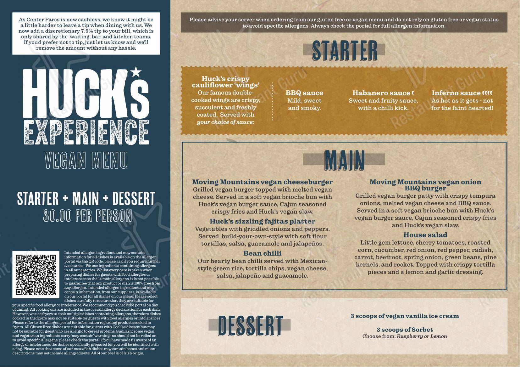 Menu at Huck's American Bar and Grill, Ireland, Center Parcs Longford ...