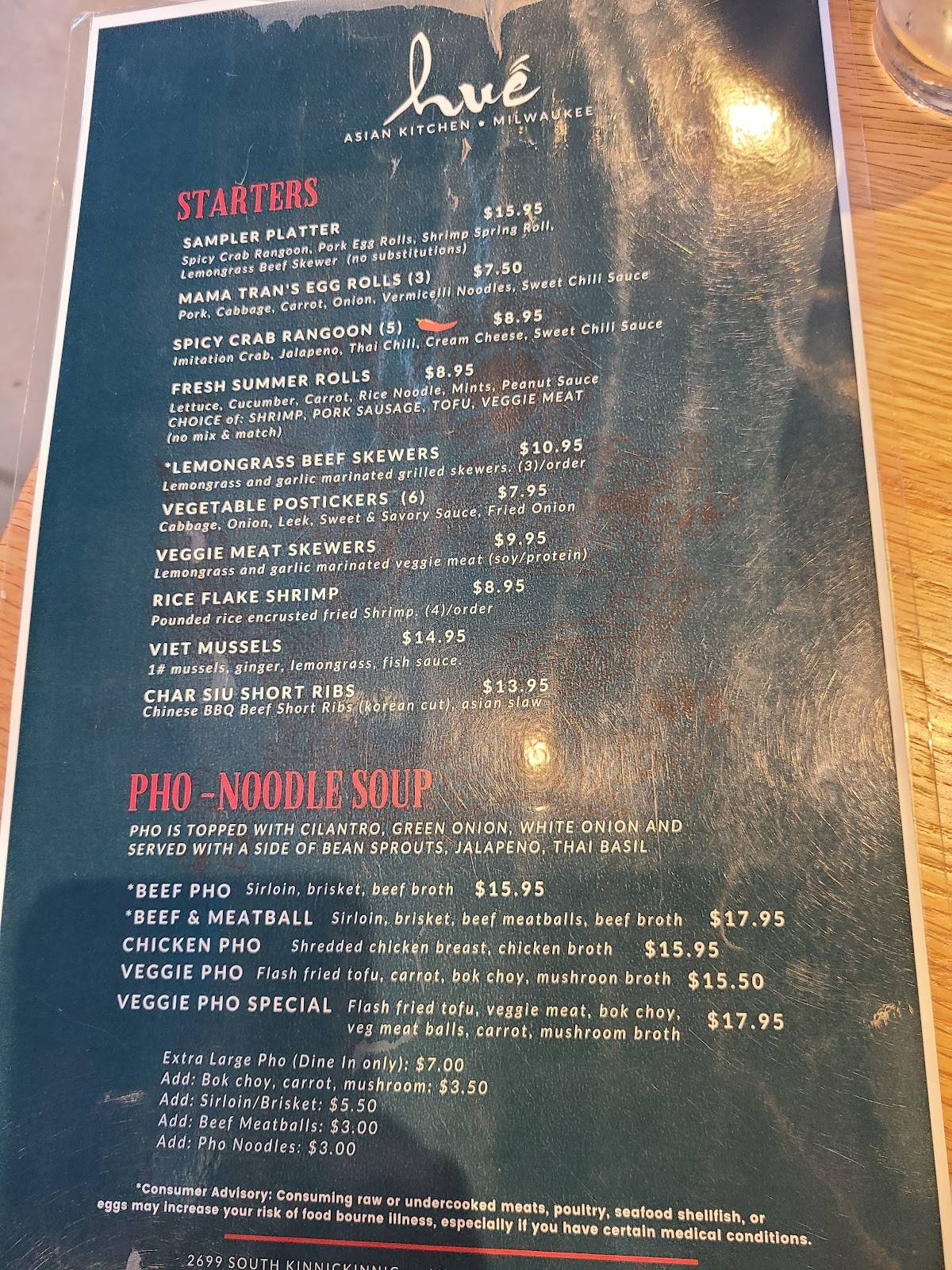 Menu at Huế Asian Kitchen restaurant, Milwaukee, S Kinnickinnic Ave