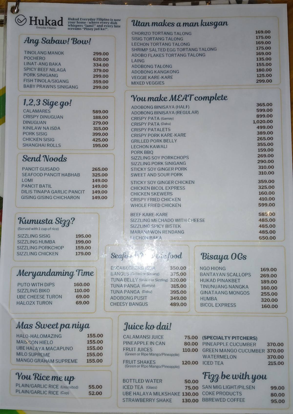 Menu at Hukad restaurant, Cebu City, Sm Seaside