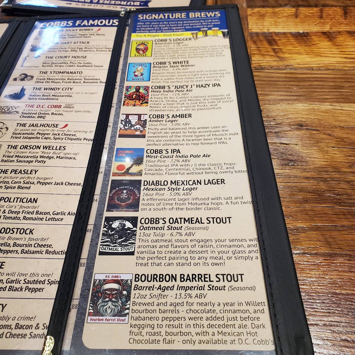 Menu at D.C. Cobb's Huntley restaurant, Huntley