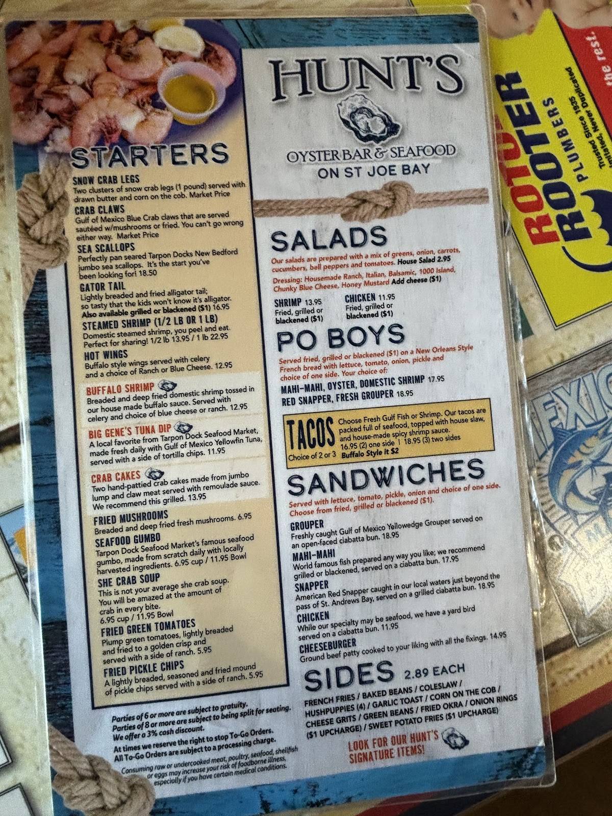 Menu at Hunt's on St Joe Bay restaurant, Port Saint Joe