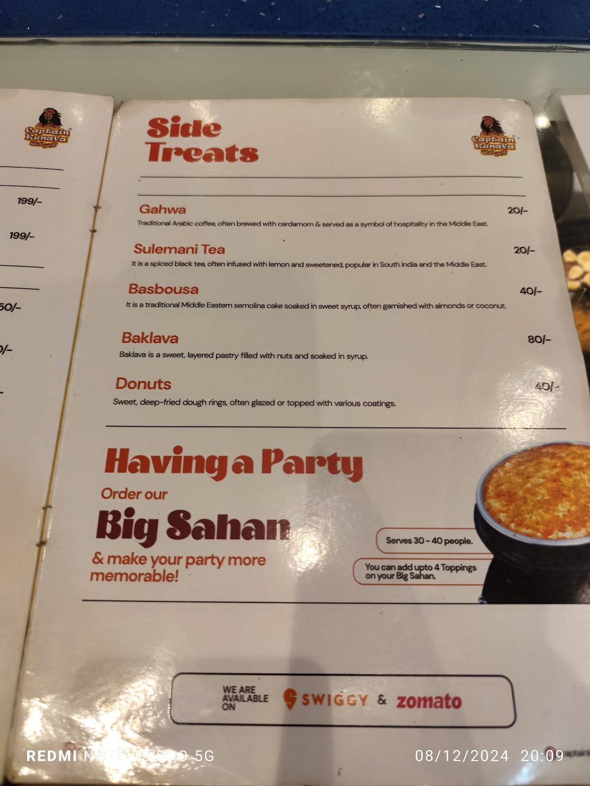 Menu at Captain Kunafa, Hyderabad, Yerrakunta