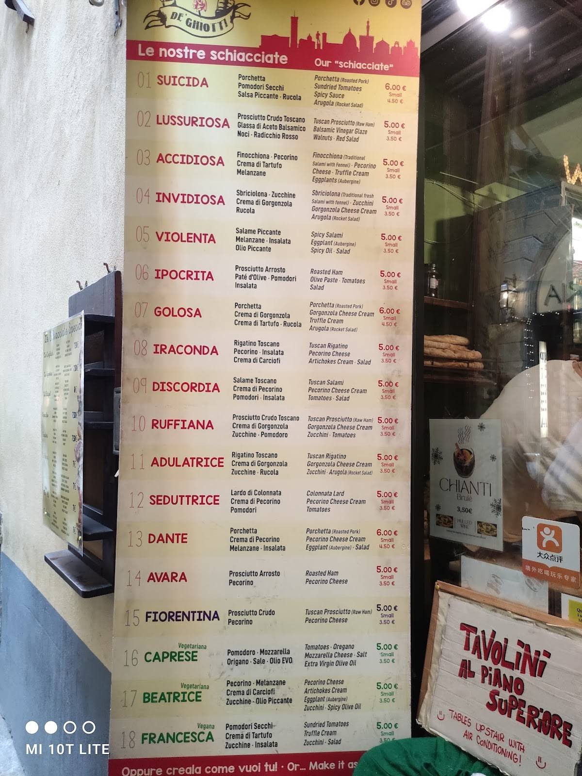 Menu au I' Girone De' Ghiotti fast food, Florence