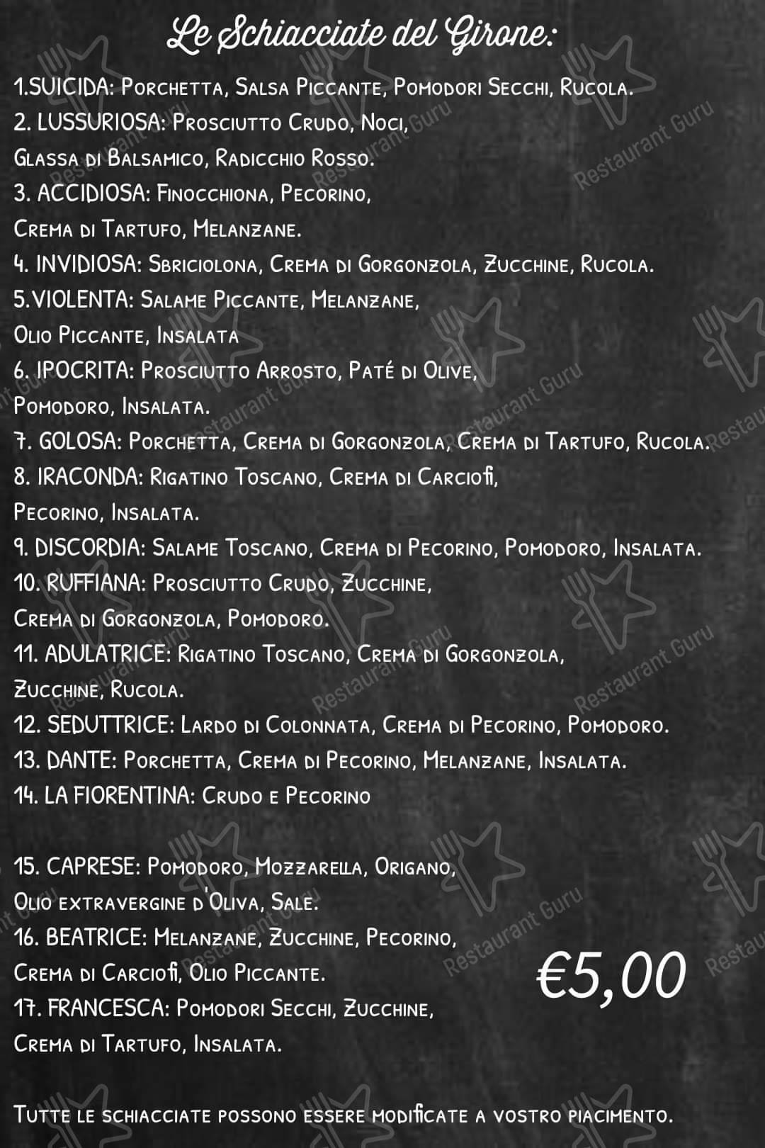 Menu au I' Girone De' Ghiotti fast food, Florence