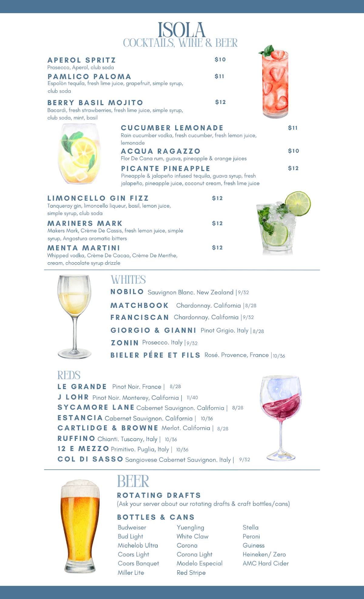 Menu at ISOLA Pizzeria and Bar, Hatteras