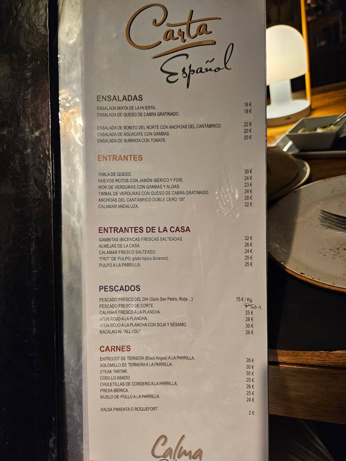 Menu at Calma restaurant, Ibiza
