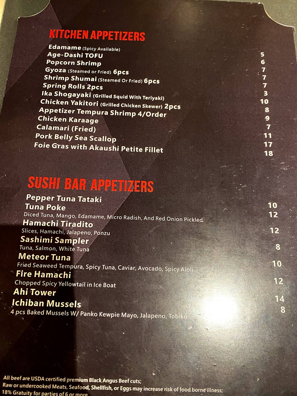 Menu at Ichiban Japanese Steakhouse & Sushi Bar, Waco